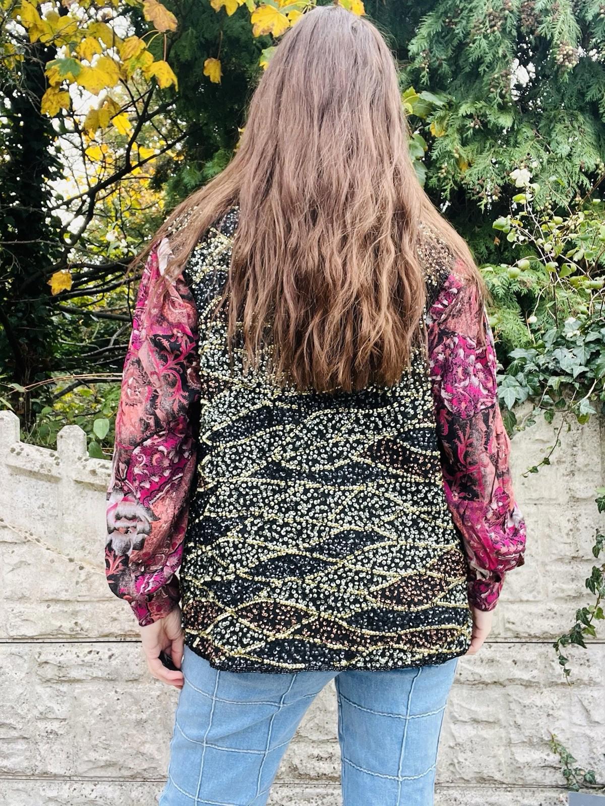 Vintage 80s Sequin Waistcoat Black Gold Size 10 100% Silk 1980s Sparkl ...