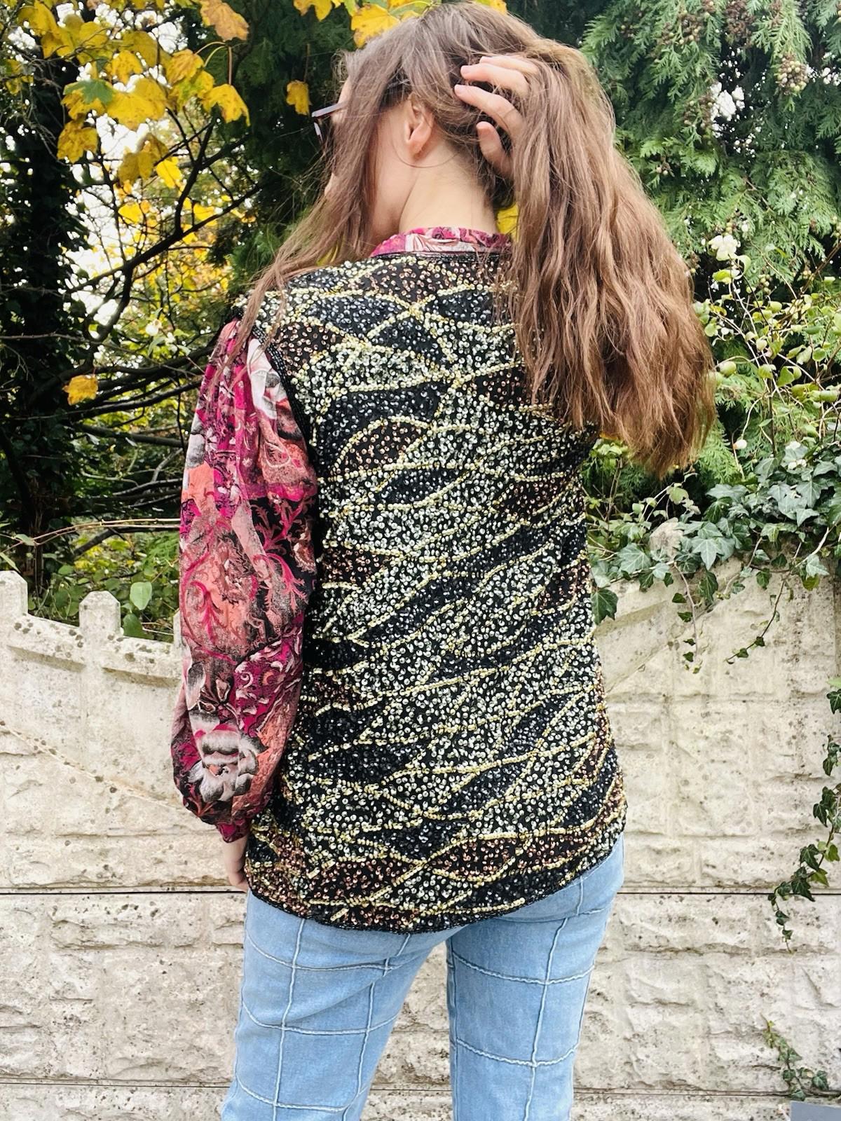 Vintage 80s Sequin Waistcoat Black Gold Size 10 100% Silk 1980s Sparkl ...