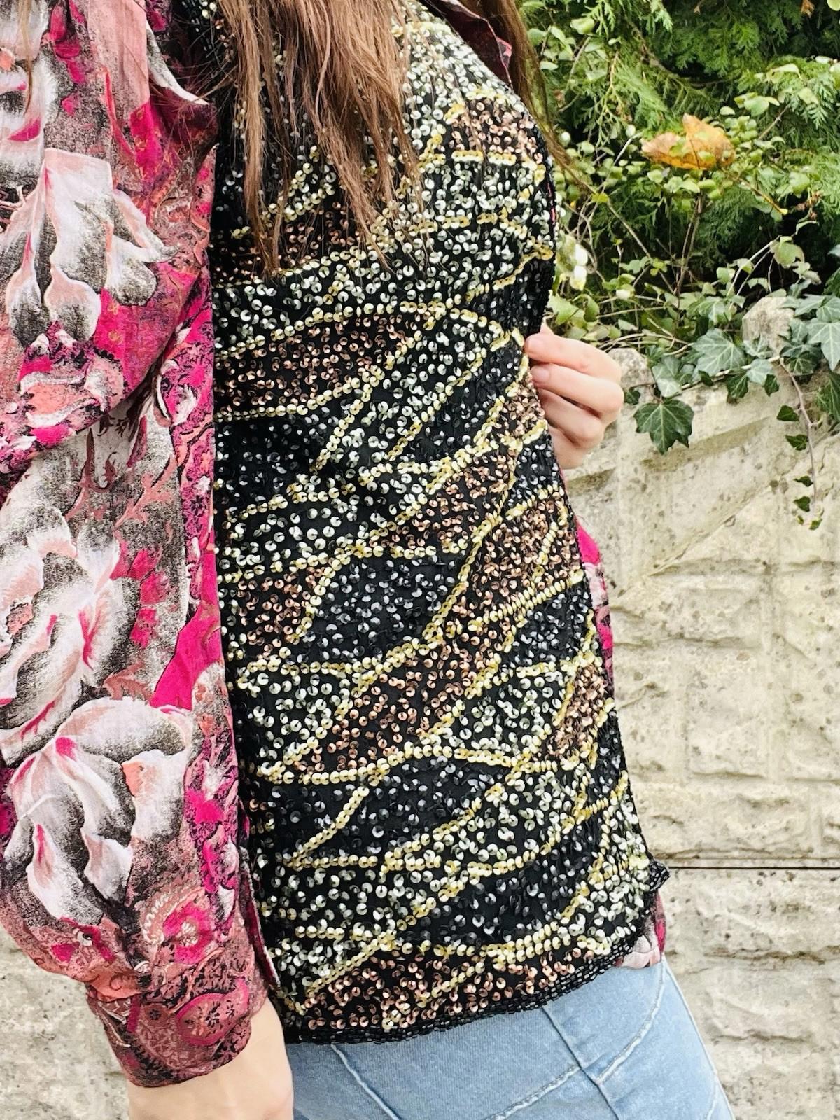 Vintage 80s Sequin Waistcoat Black Gold Size 10 100% Silk 1980s Sparkl ...